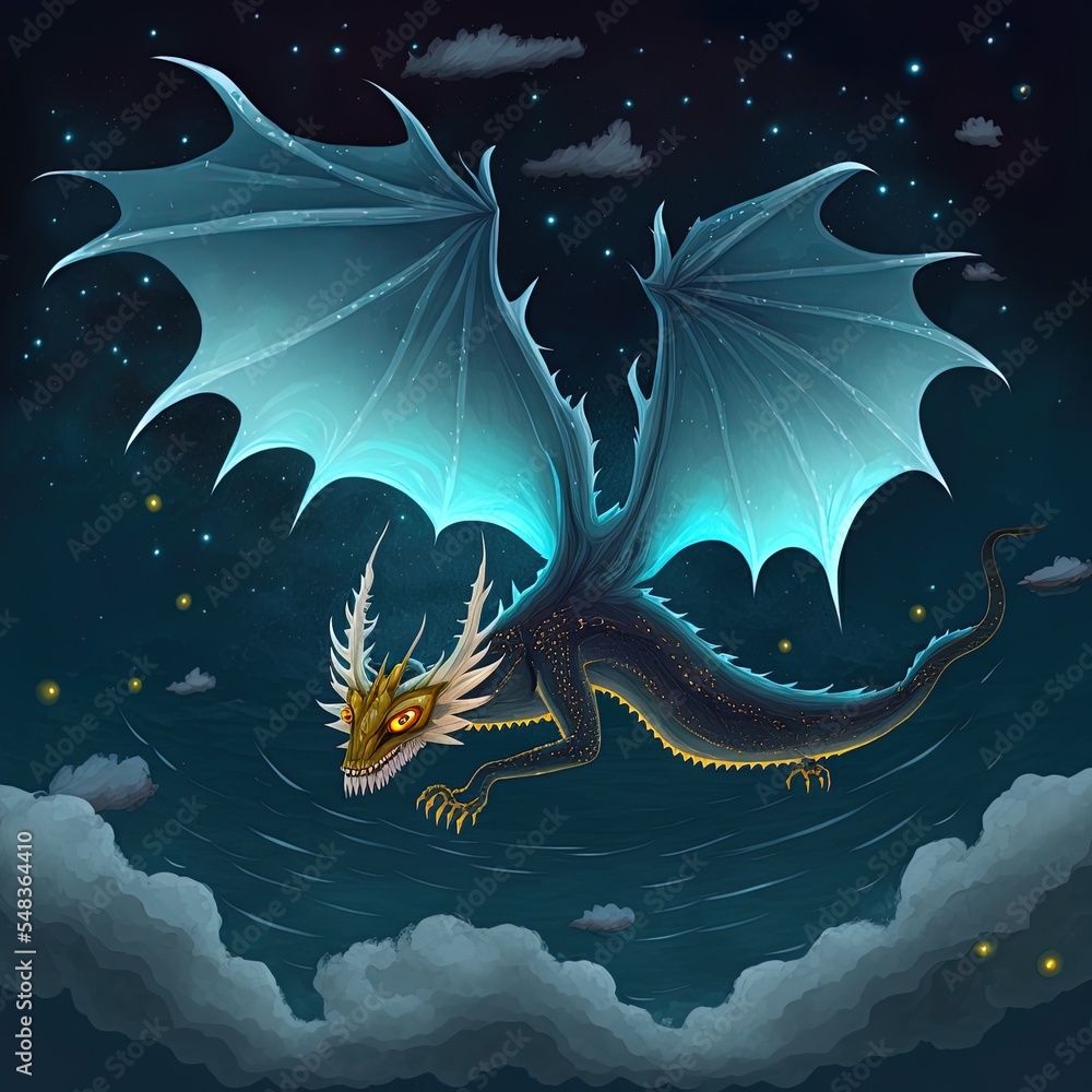 ภาพประกอบสต็อก Fairy tale dragon ghost flying in sky under sea at night ...