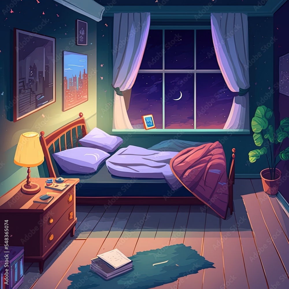 Cartoon illustration of cozy bedroom at night. modern interior of ...