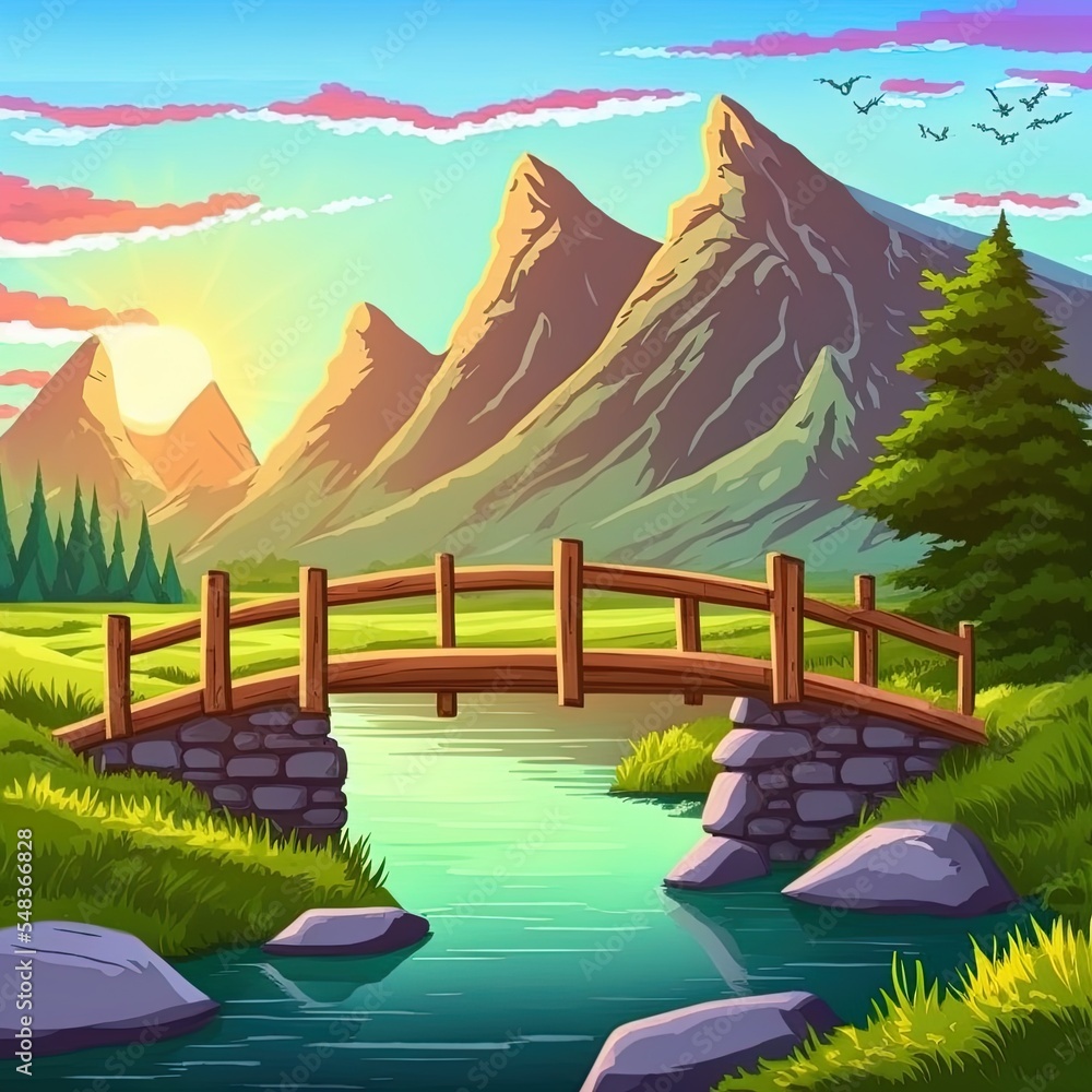 Beautiful suncartoon style cartoon nature landscape, wooden bridge over ...