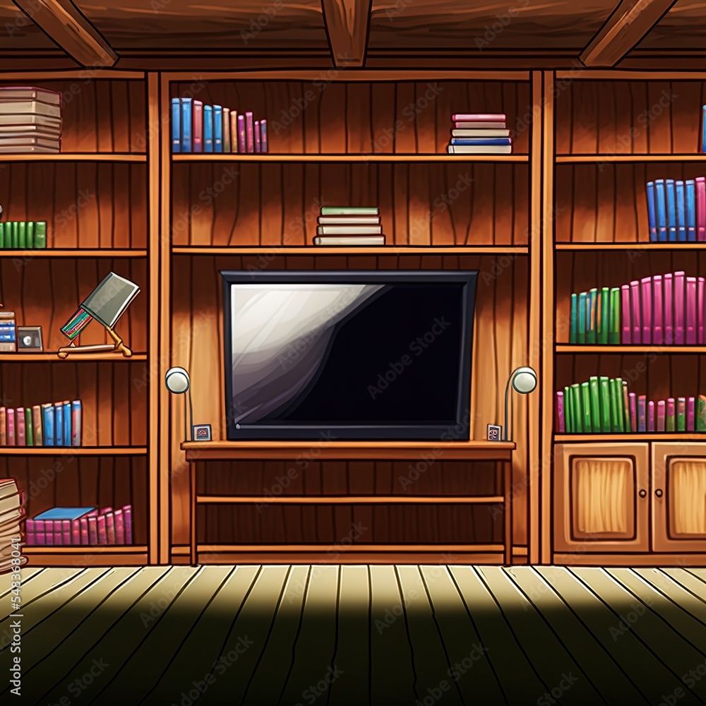 Empty wooden room with tv screen and bookshelves Stock Illustration ...