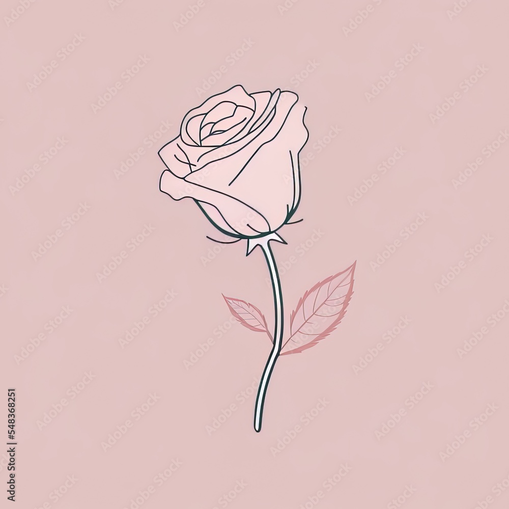 Rose Flower 2D Illustrated Line Art Minimal Pink Pastel Illustration ...