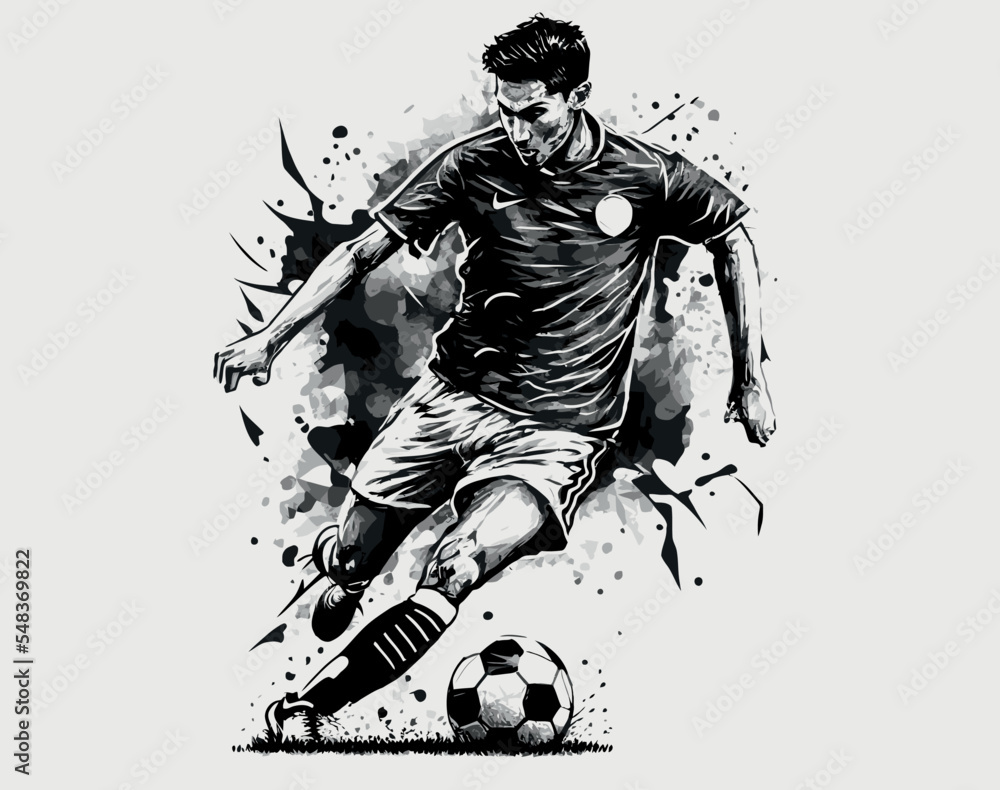 Soccer Player Kicking Ball Vector Illustration. Football Player Sketch ...