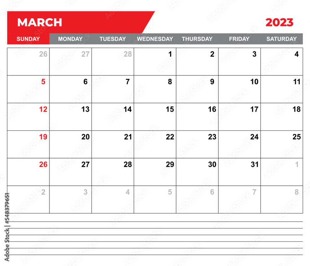 March 2023 Calendar. March 2023 Calendar Vector Illustration. Wall Desk ...