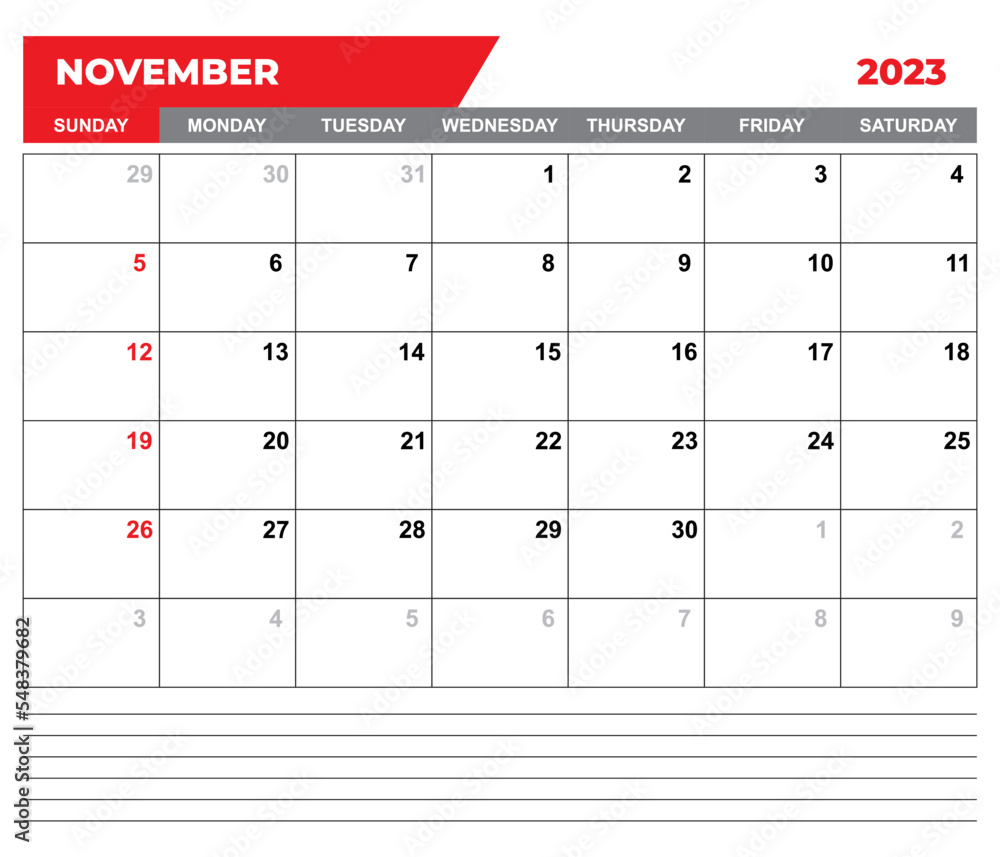 November 2023 Calendar. November 2023 Calendar Vector Illustration ...