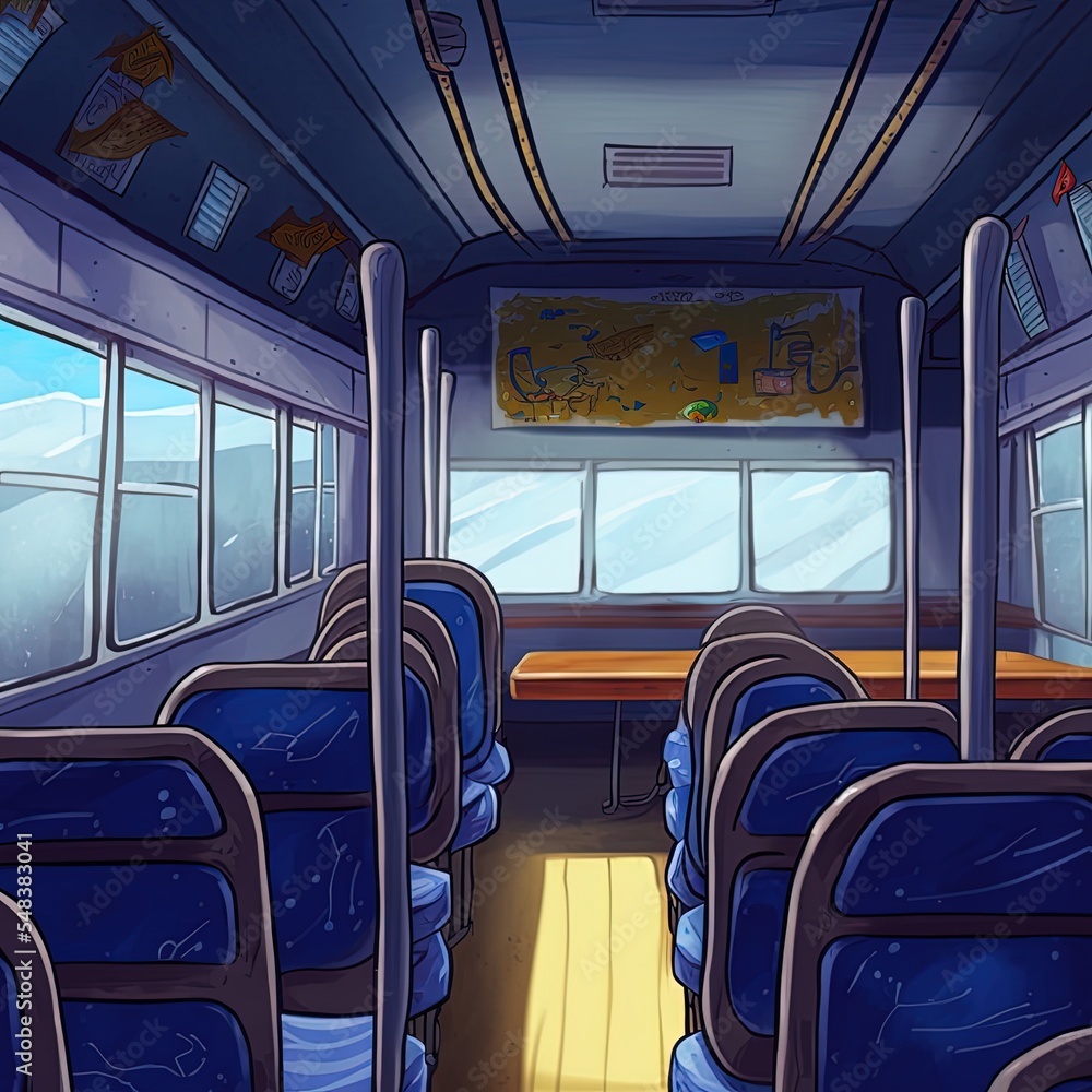 2d illustrated empty school bus interior with blue seats Stock ...