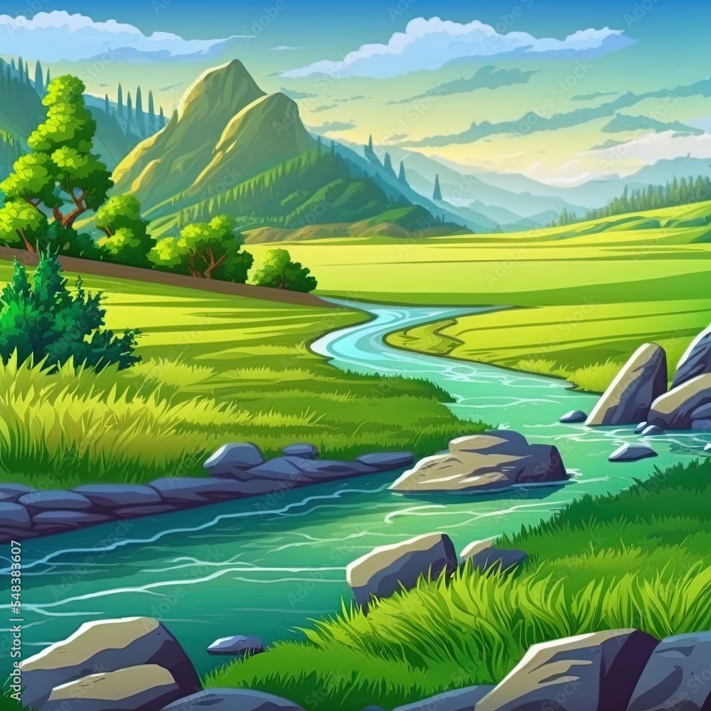 Parallax Background Cartoon Scenery 2d Landscape With Lush Green Fields Of Meadows And River Or