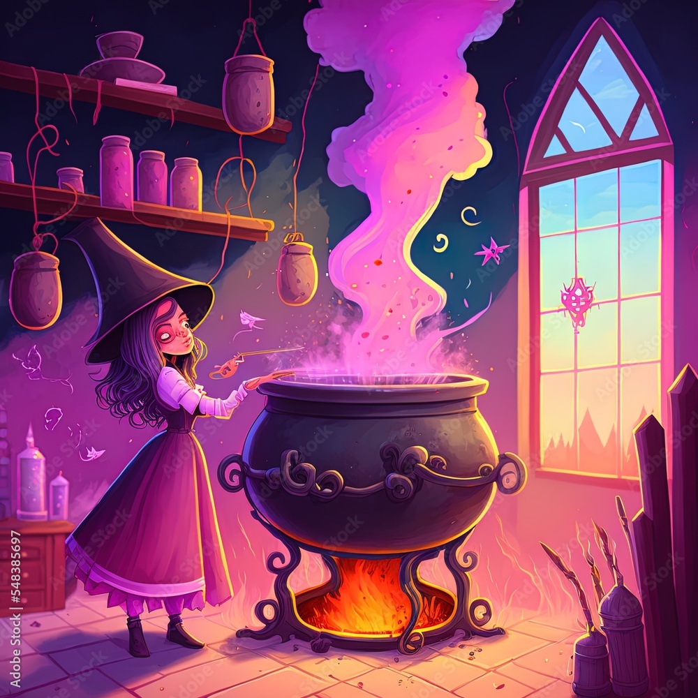 Girl witch make magic love potion in cauldron. 2d illustrated cartoon ... Girl witch make magic love potion in cauldron. 2d illustrated cartoon ...
