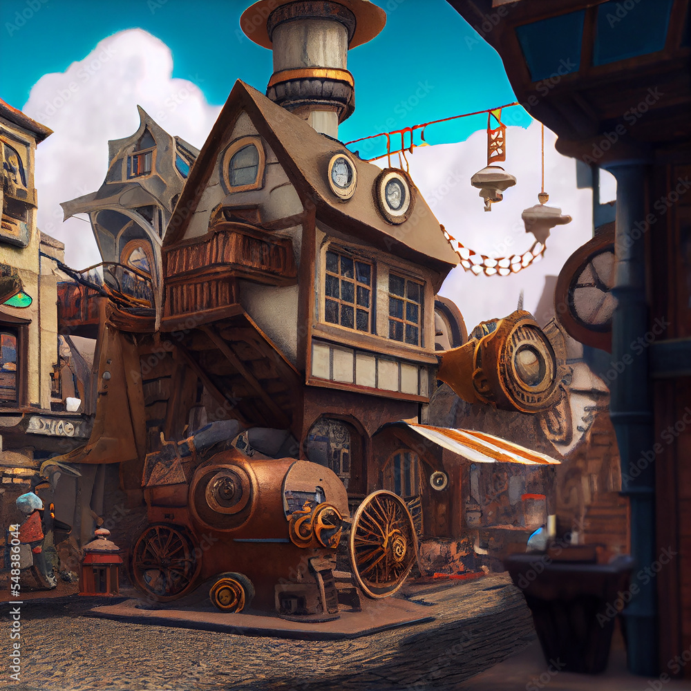 Steampunk tiny village, dwarven village Stock Illustration | Adobe Stock