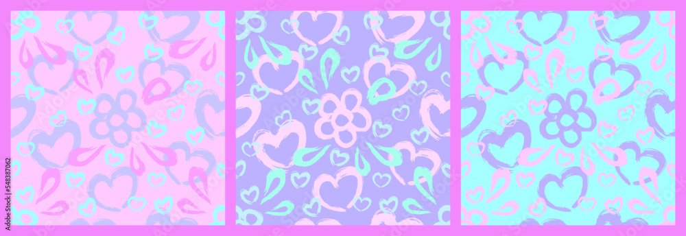 Seamless pattern with hand drawn hearts, flowers, leaves and pastel ...