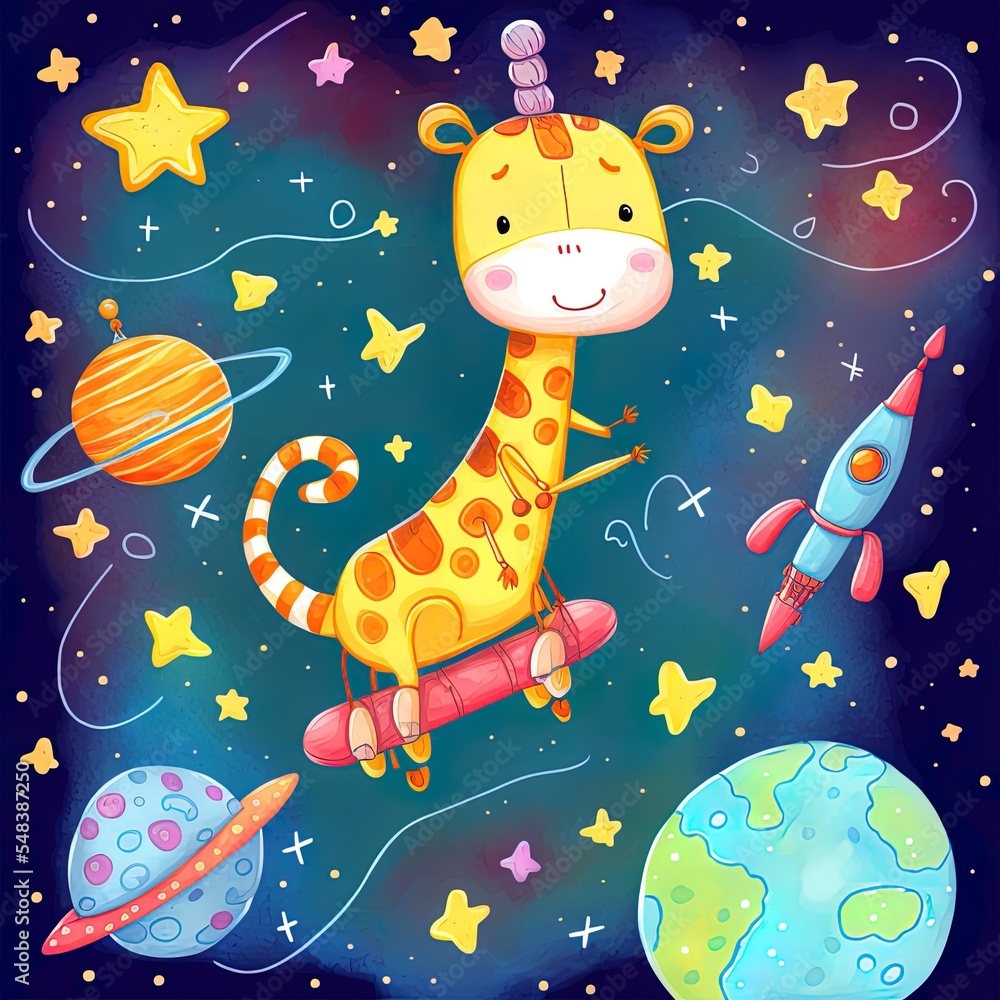 Cute Giraffe In Space. Rockets, Planets, Stars, Month, Constellations ...