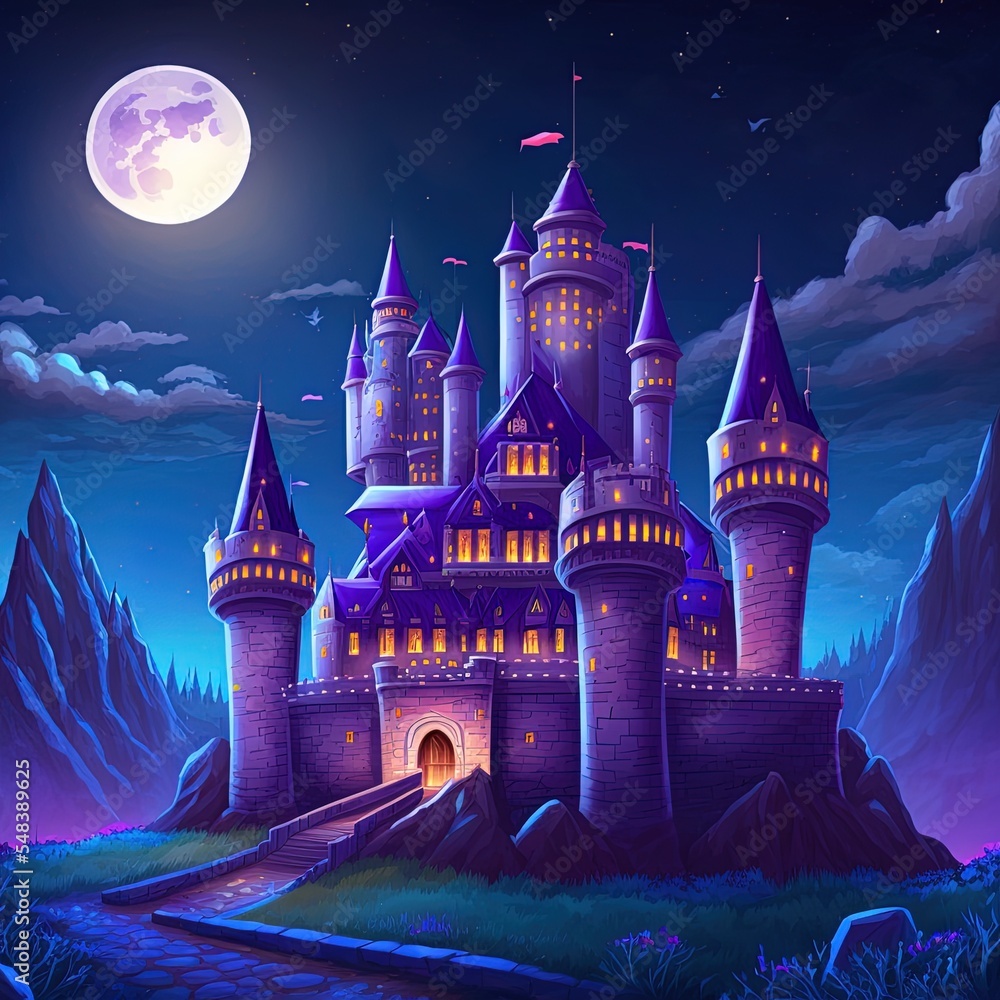 Magic castle at night on mountain, fairytale palace with turrets and ...