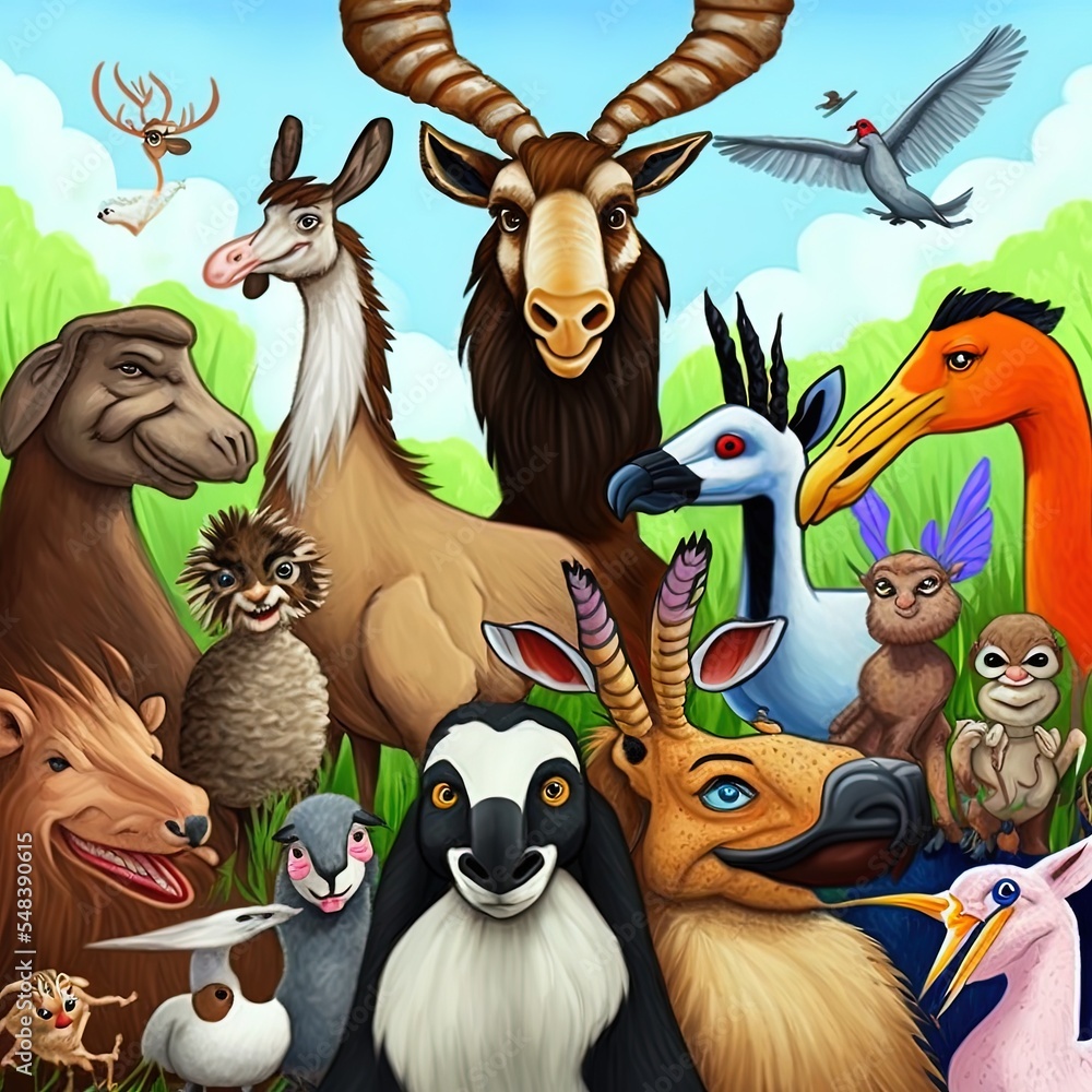 Large illustration of wildlife with many types of animals Stock ...