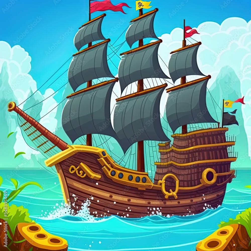 Pirate ship in sea cartoon background with layers ready for game 2d ...