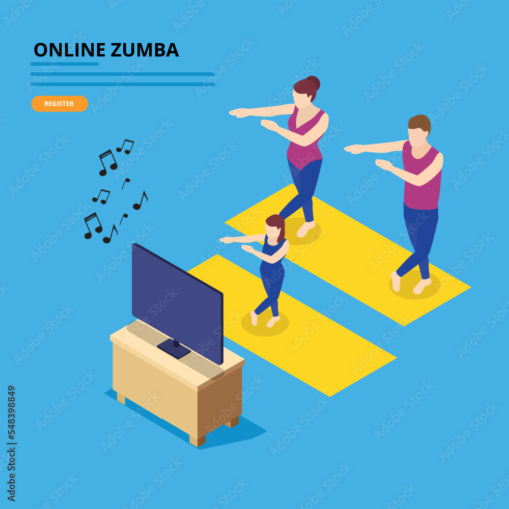 Zumba class online with family watching video on tv 3d isometric Stock ...