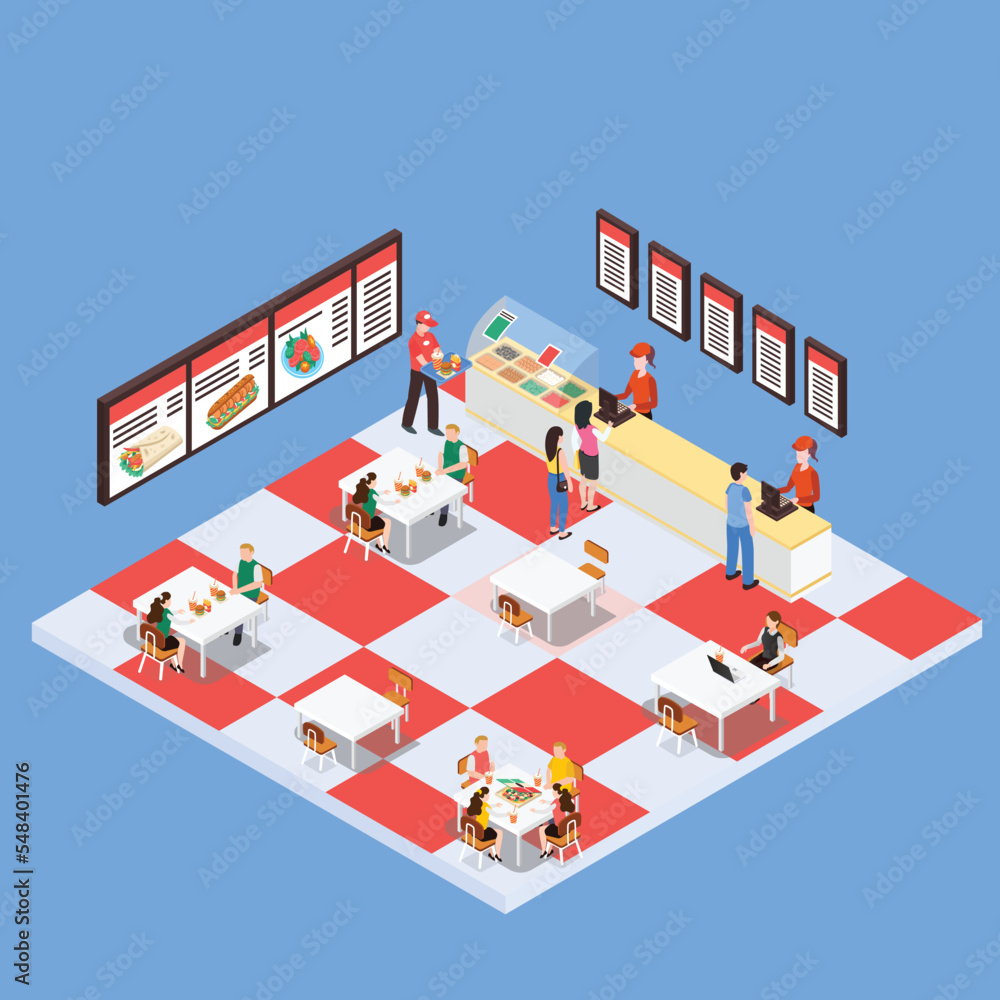 Fast food restaurant interior with visitors Stock Vector | Adobe Stock