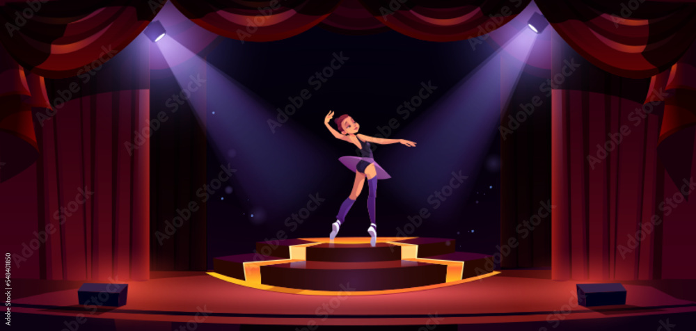 Beautiful ballerina dancing alone on stage in spotlight beam. Cartoon ...