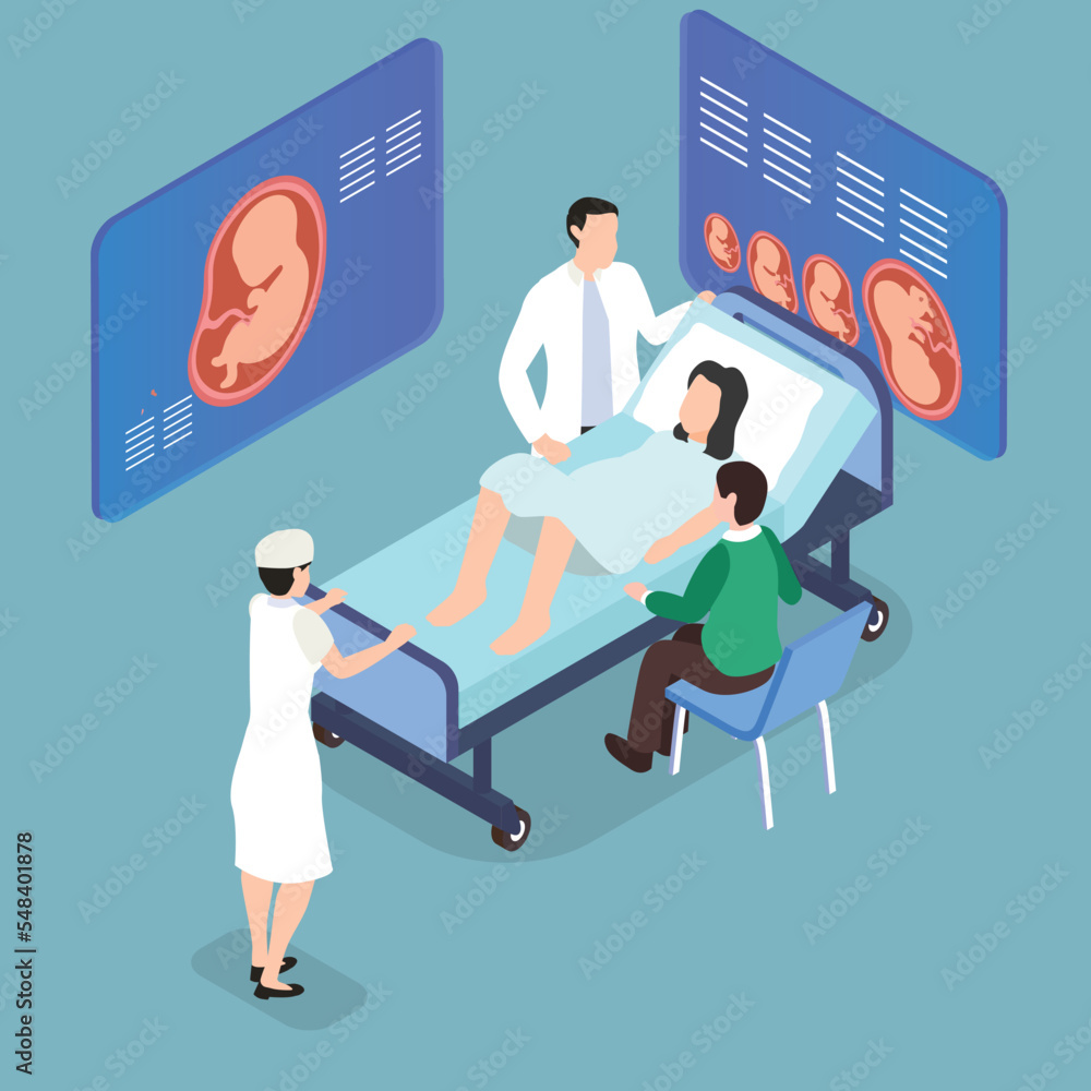 Childbirth in hospital. Doctor, nurse, mother to be and husband 3d ...