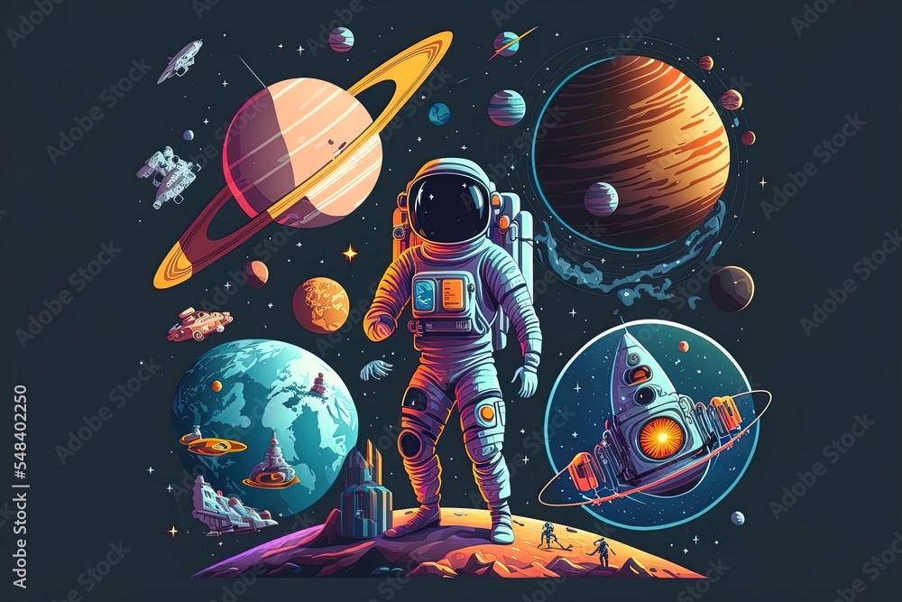 Space Flat Illustration Cartoon Style. Colored Comic Elements Of ...