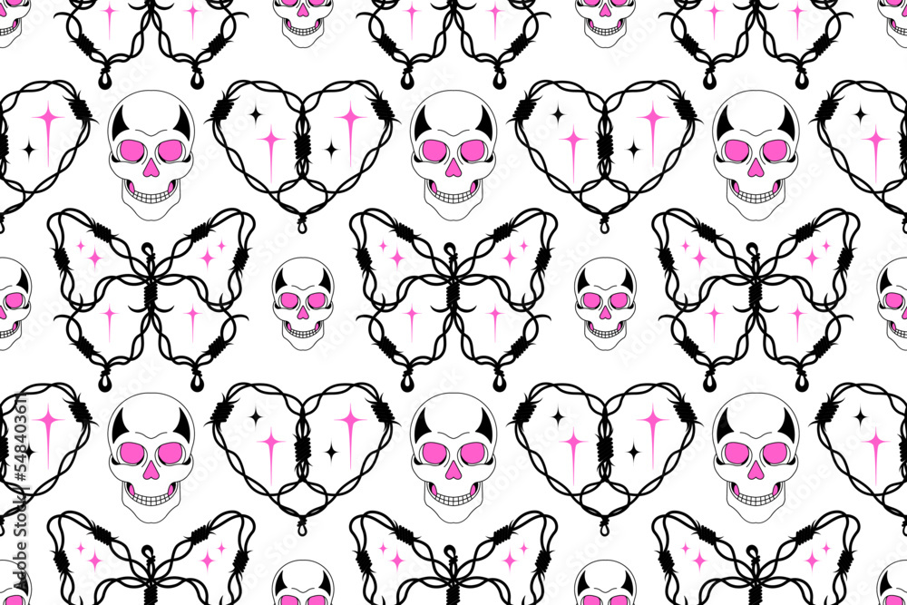 Y2k fun, Dark mood Seamless wallpaper. Goth concept with skull, wire ...