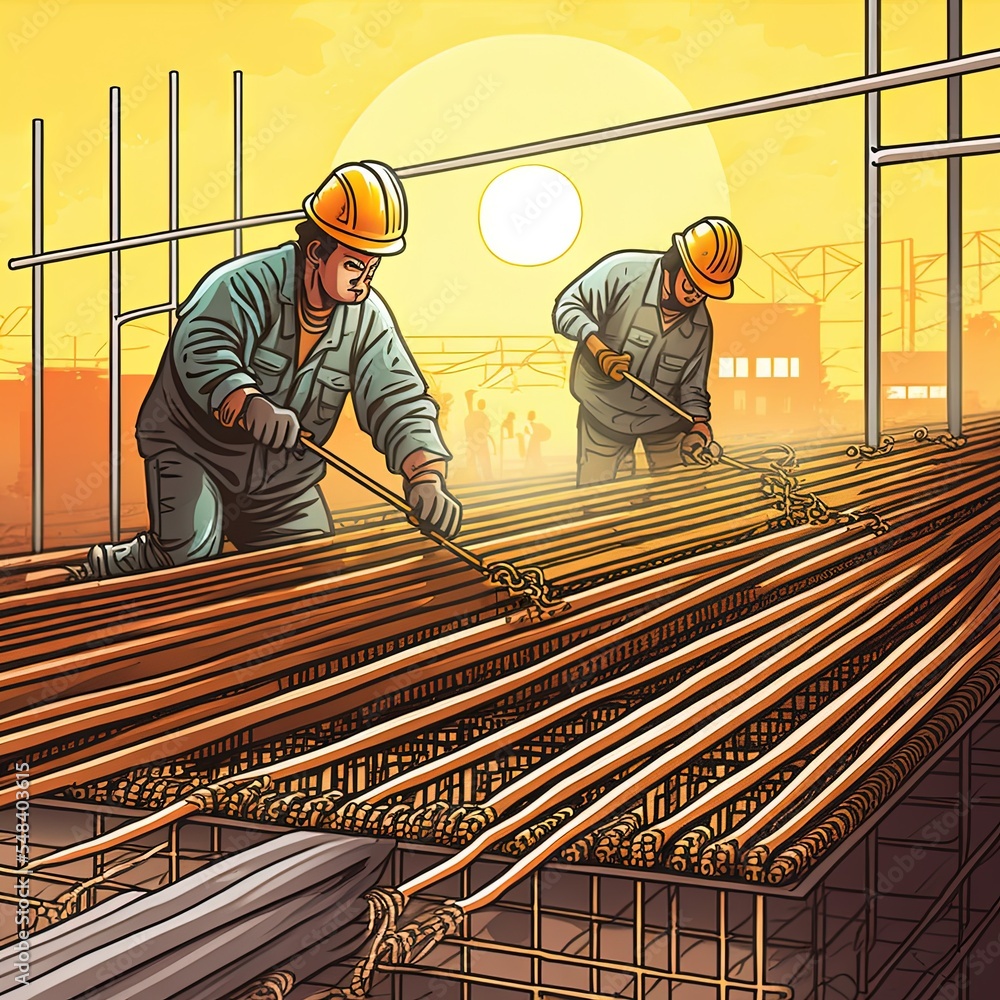 Construction workers fabricating steel reinforcement bar at the ...