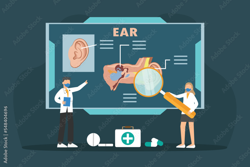 Ear problem vector concept: Young doctor examining patient's ear in the ...
