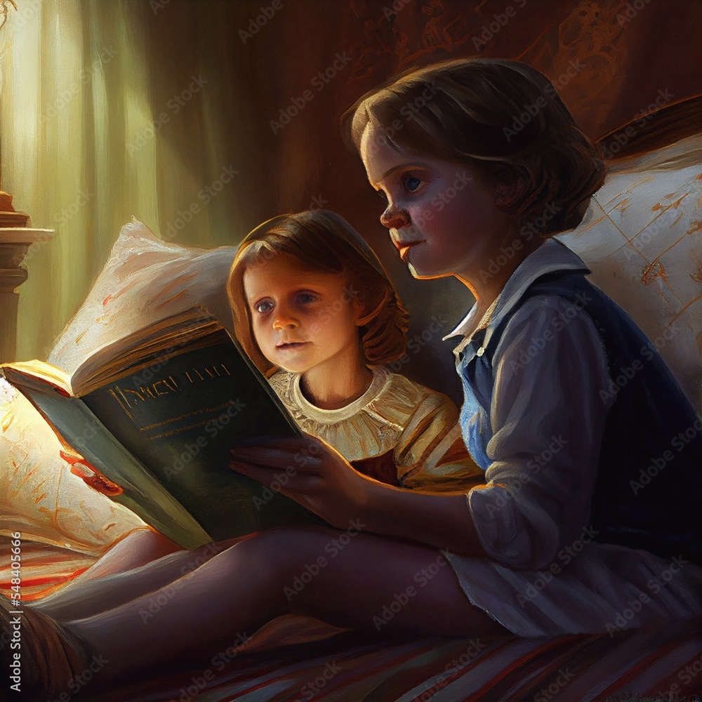 digital illustration of a little girl with a brother child reading a ...