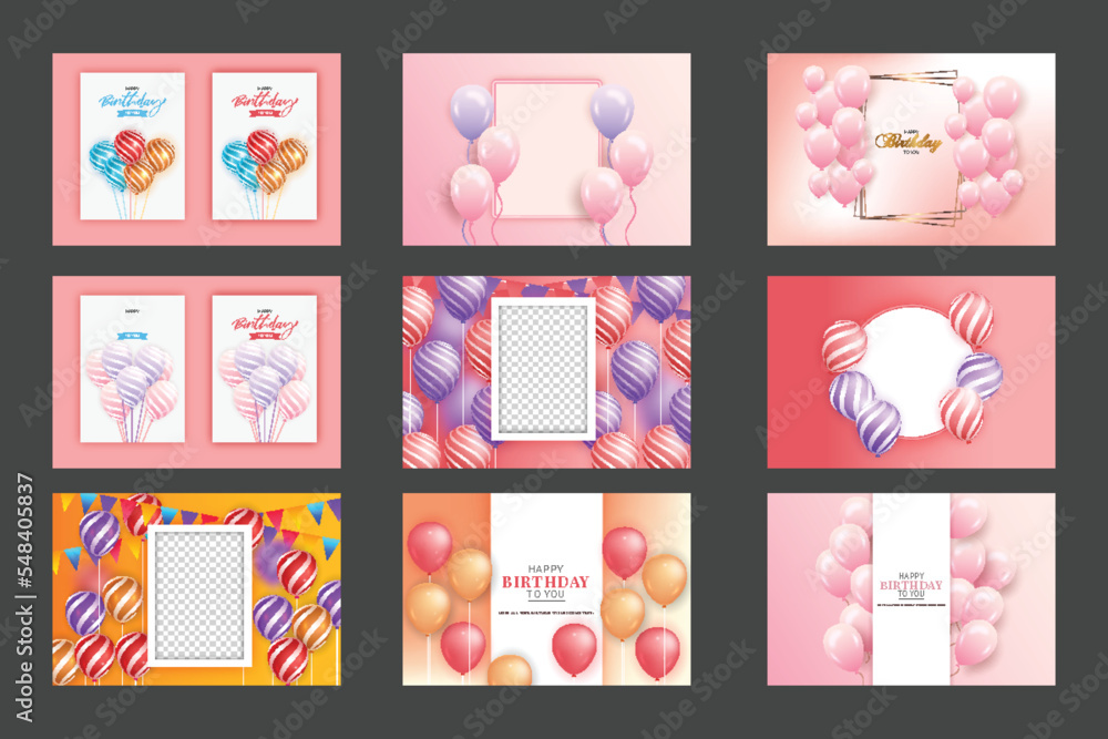 Birthday background set with realistic balloons and golden confetti ...