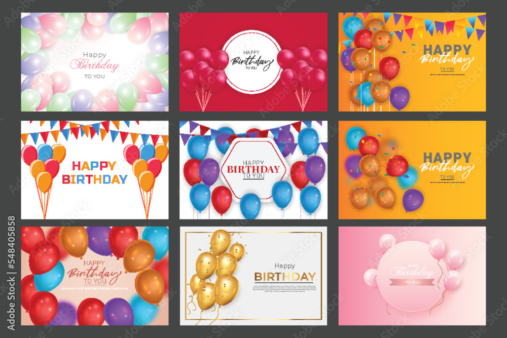 Birthday background set with realistic balloons and golden confetti ...