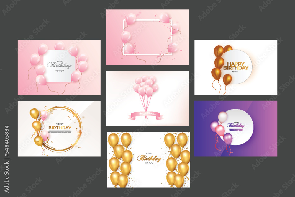 Birthday background set with realistic balloons and golden confetti ...