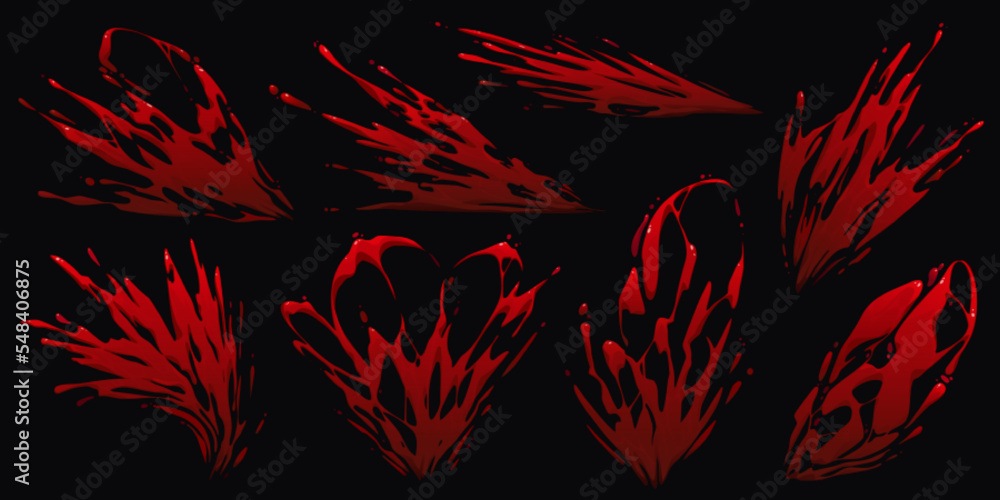 Set of blood or red paint splashes isolated on black background ...