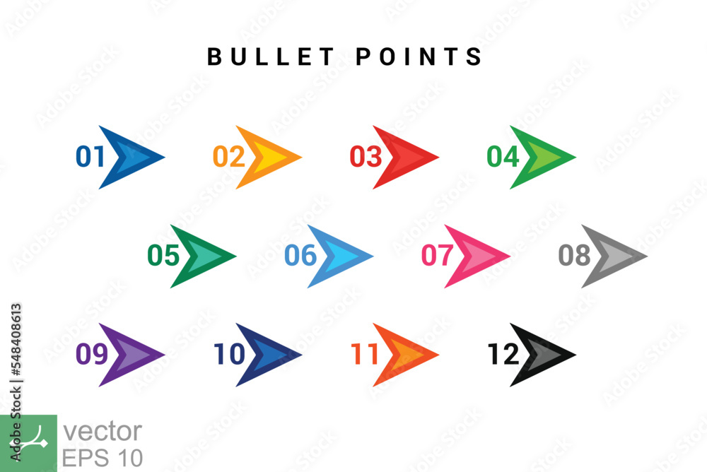 Direction number bullet points from one to twelve. Simple flat style. Number with arrow for list ...