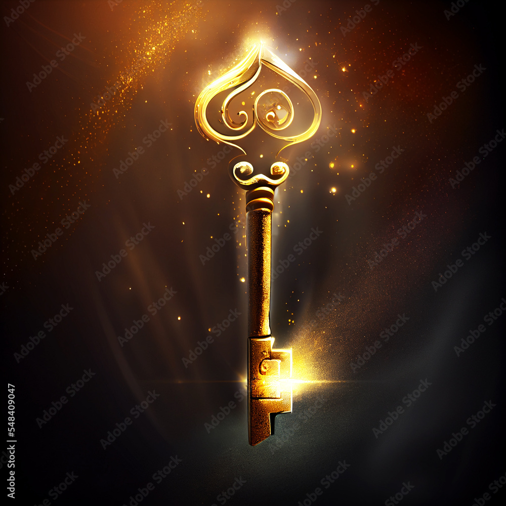 Single golden skeleton key surrounded by sparkling lights. Business ...