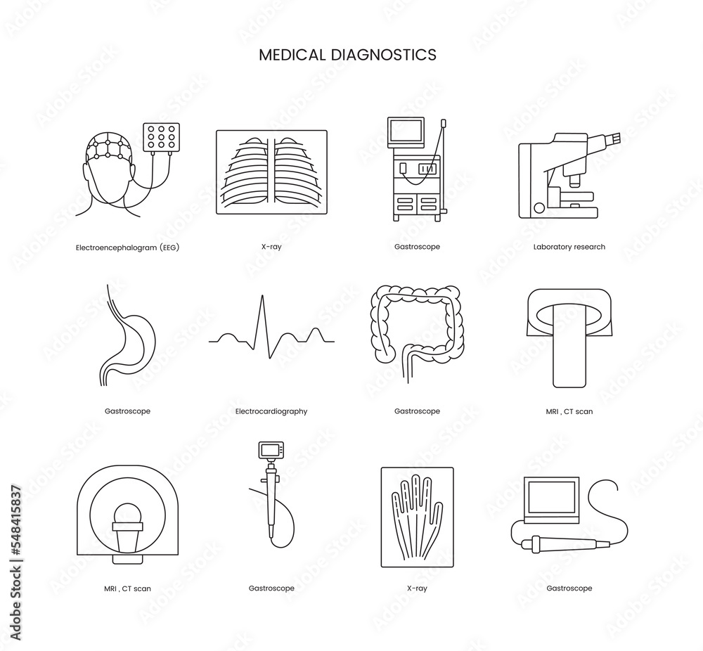 Medical diagnostics set of line icons, vector illustration gastroscope ...