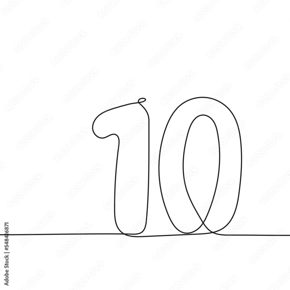 Number 10 drawn by hand with continuous line. Vector icon ten in sketch ...