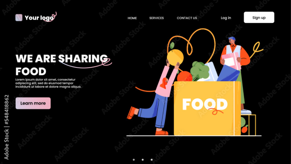 Food sharing landing page template. Flat characters donating meal into ...