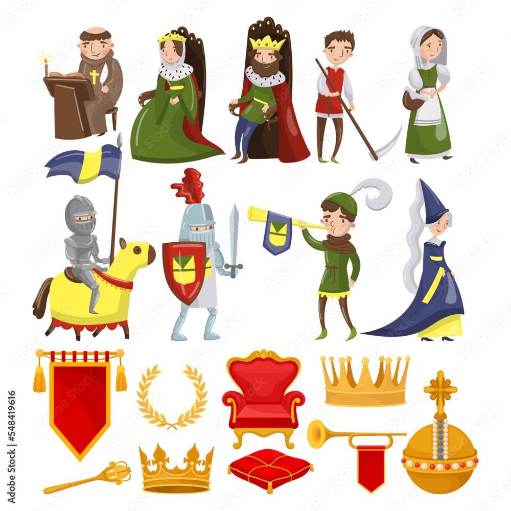 Middle Ages Character with King, Queen, Knight and Symbols of Monarch ...