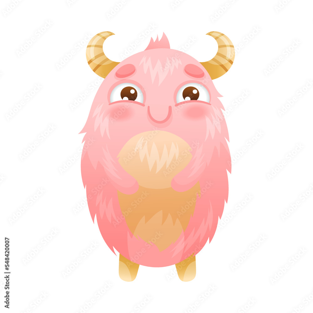 Funny Pink Monster with Happy Smiling Face and Fluffy Body Vector ...