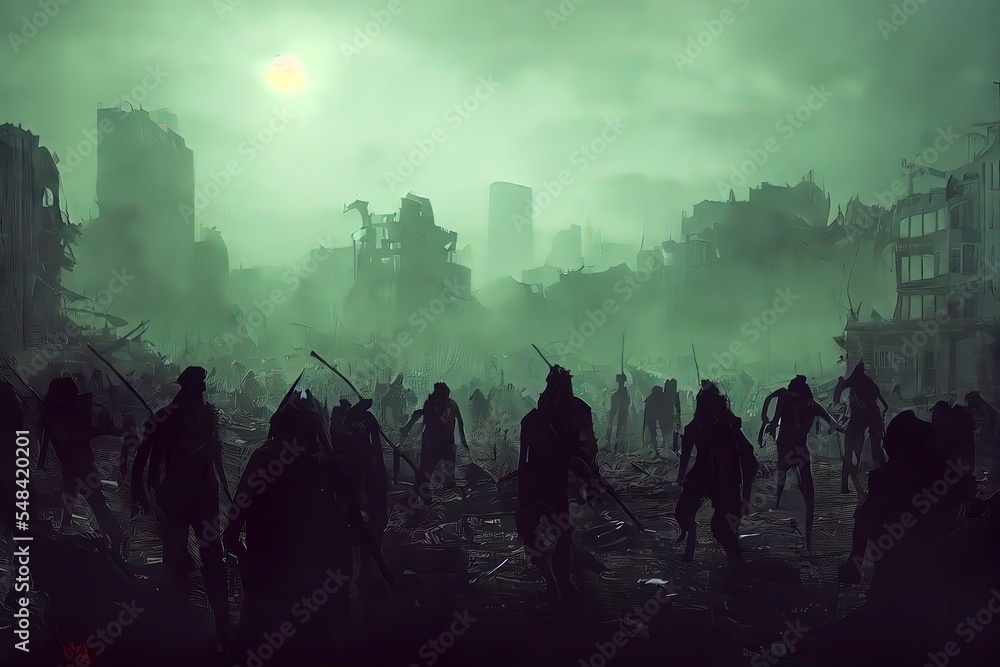 Zombies horde in ruined city after an outbreak. Portrait of a scary ...