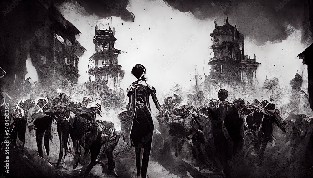 Zombies horde in ruined city after an outbreak. Portrait of a scary ...