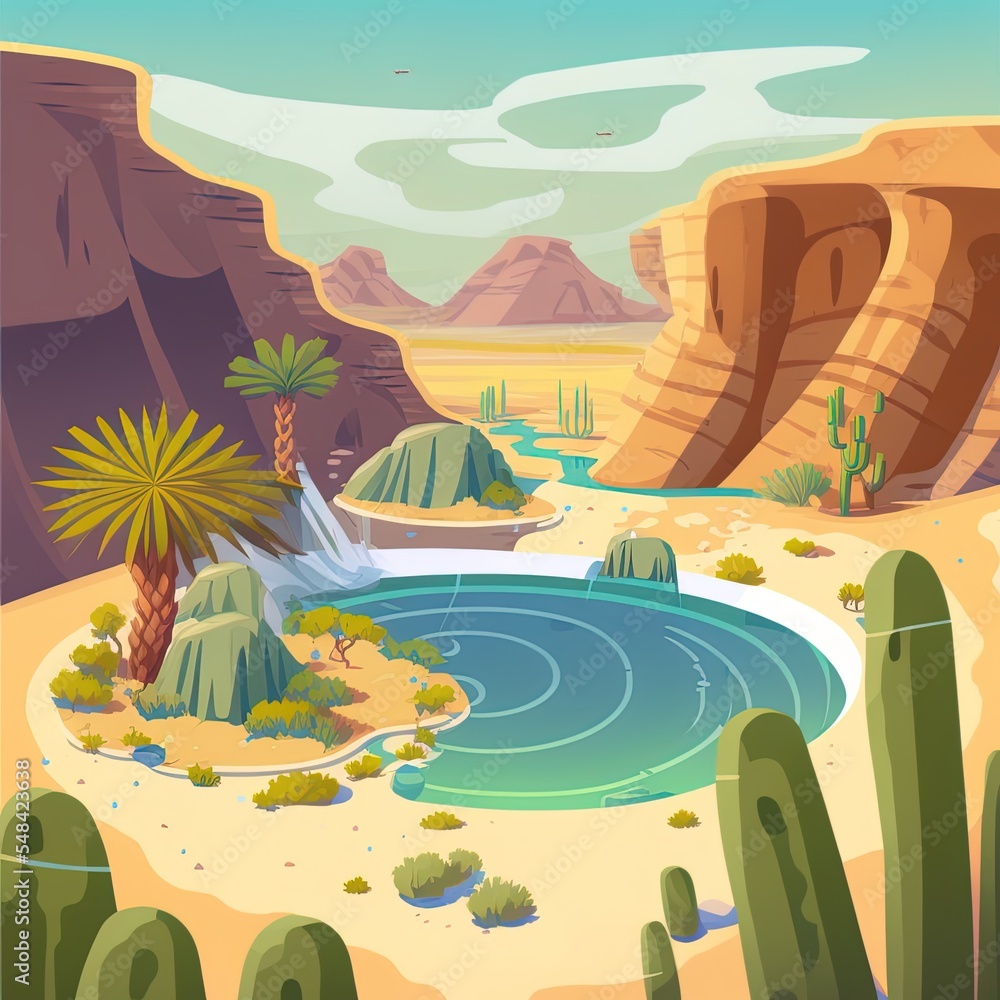 Crater In Desert Oasis With River, Sand And Plants Stock Illustration ...