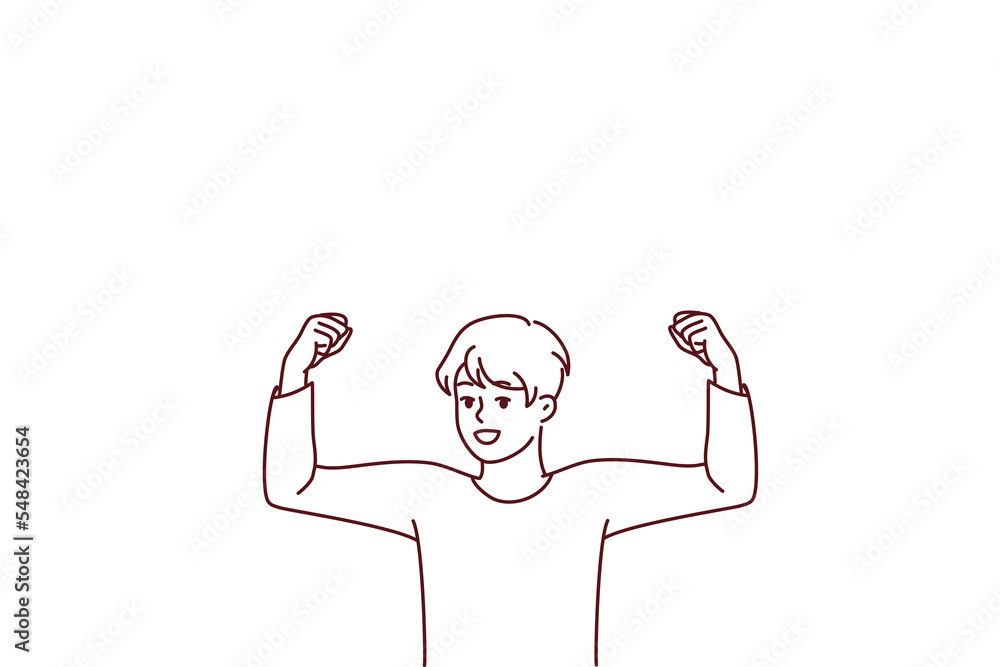 Smiling boy child show muscles dream of becoming big and strong. Happy ...