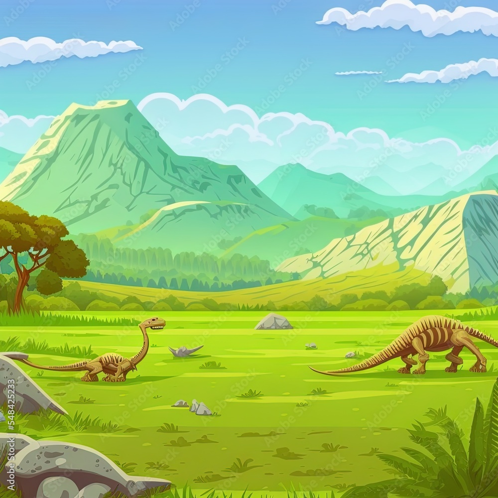 Prehistoric Landscape, Cartoon Scenery Background With Dinosaur ...
