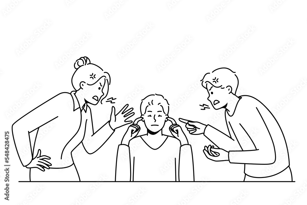 Man close ears ignore loud screaming colleagues shouting and lecturing ...