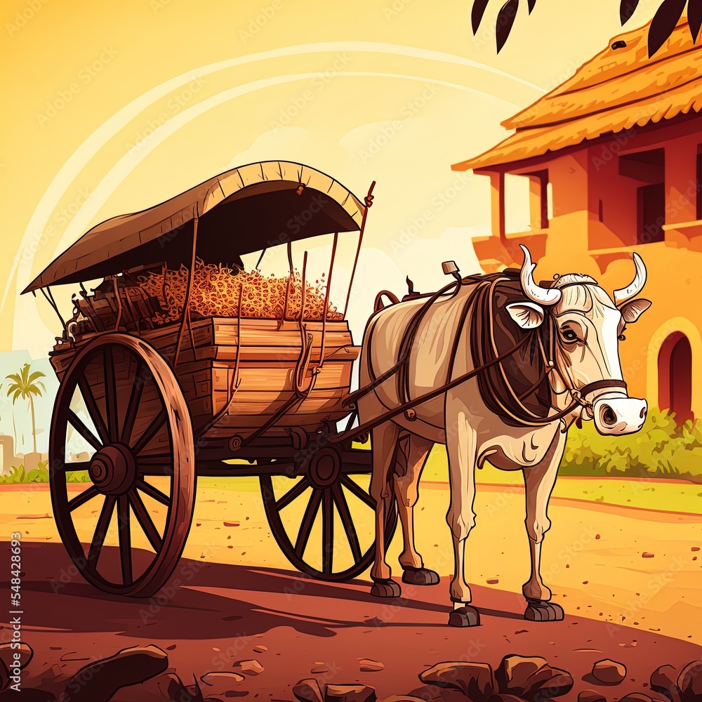 Bullock Cart Cartoon 2D Illustrated Illustration Stock Illustration ...