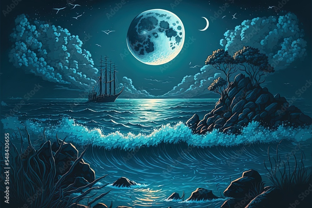 Full Moon Night Ocean Cartoon Illustration Stock Illustration | Adobe Stock