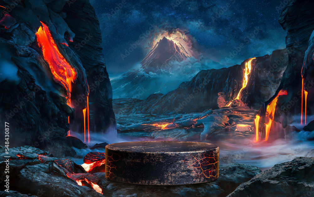 Podium fire with lava background mountain volcano at night foggy very ...