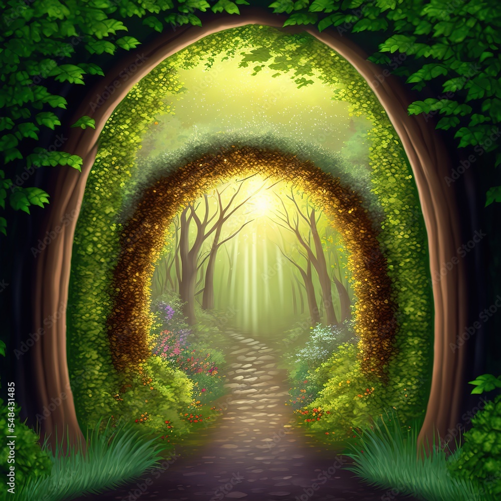 Raster illustration of tunnel in the forest of trees with shining light ...