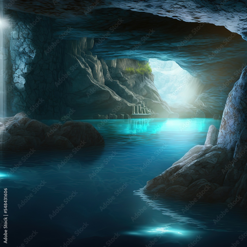 Rays of sunlight through the holes in the cave illuminate the blue ...