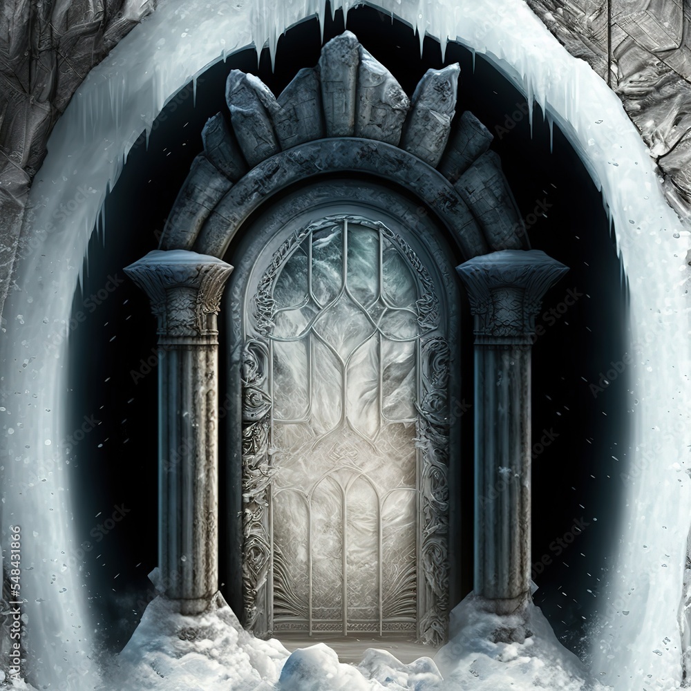 The portal with the antique molding is covered with ice. The portal ...