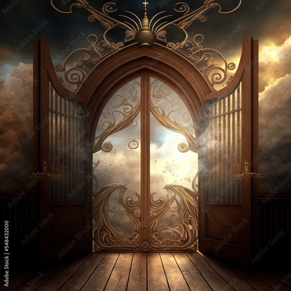 Wooden gate in dim clouds in an empty room. Portal to another world ...